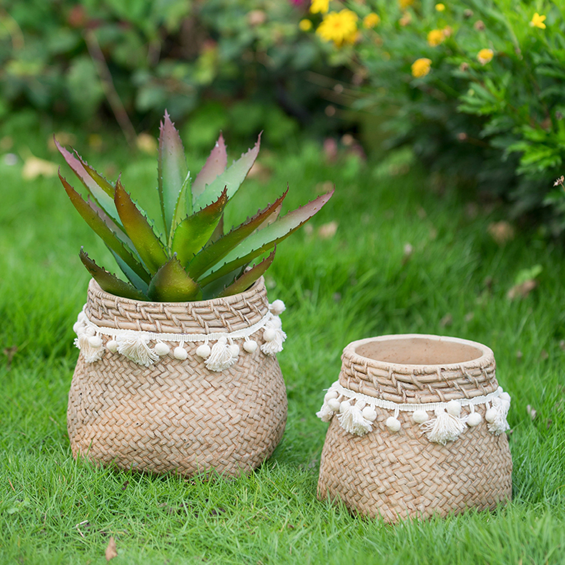 Dakota Fields Set of 2 6.5x6.5x6" Brown Cement Planter with Woven Tassel Accent - Wayfair Canada